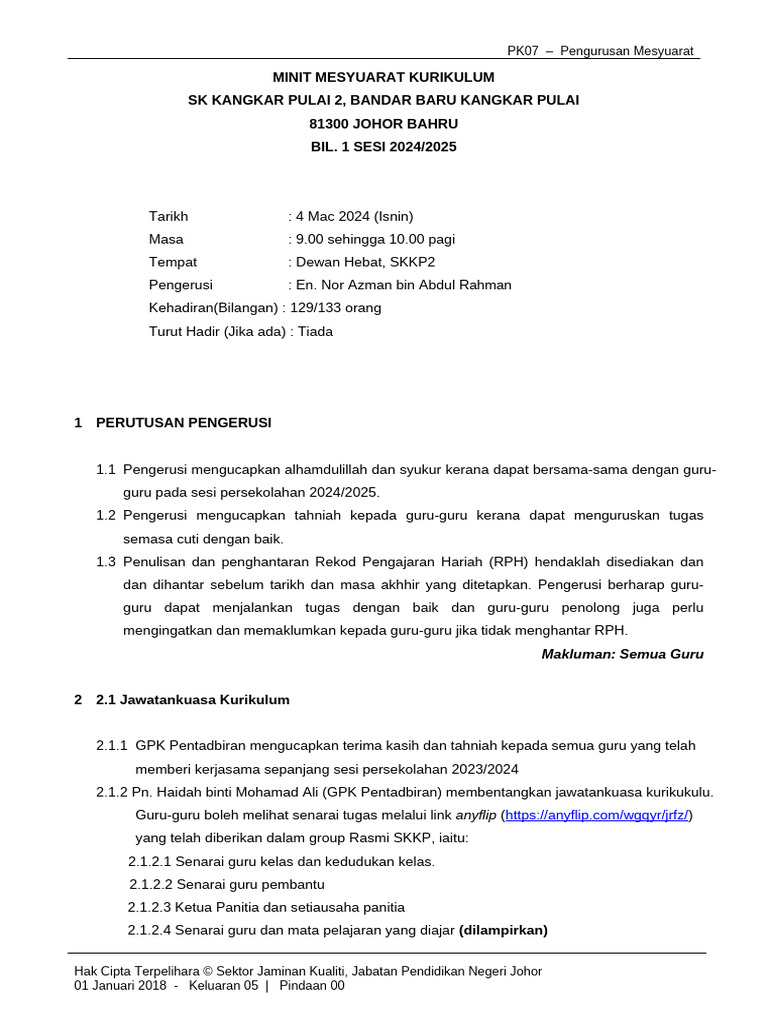 Minit Mesyuarat Kurikulum Bil 1 2024 2025 | PDF