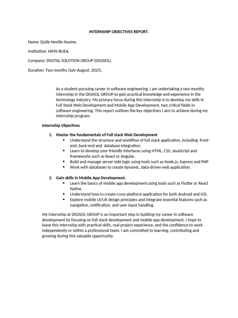Internship Objectives in Software Engineering | PDF