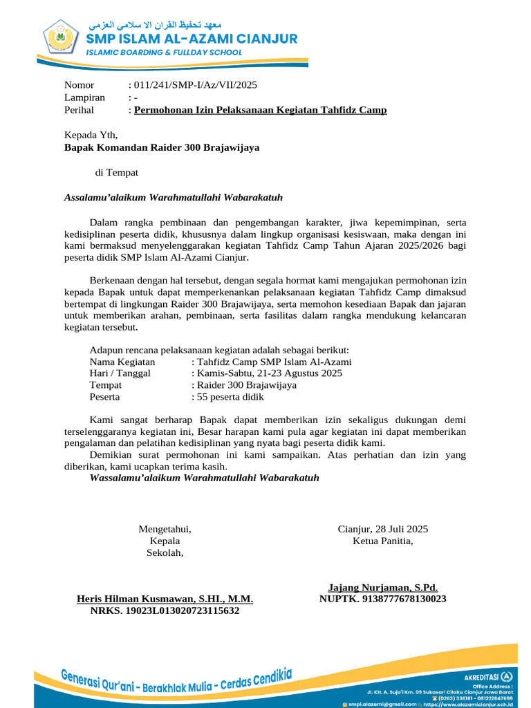 Permohonan Izin Tahfidz Camp SMP Al-Azami | PDF