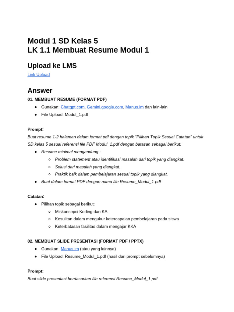 Prompt of Modul 1 SD - LK 1.1 - Membuat Resume Modul 1 | PDF