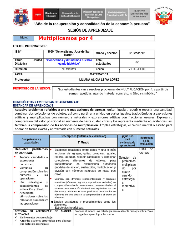 Multiplicación por 4 en 3° Grado | PDF | Aprendizaje | Multiplicación