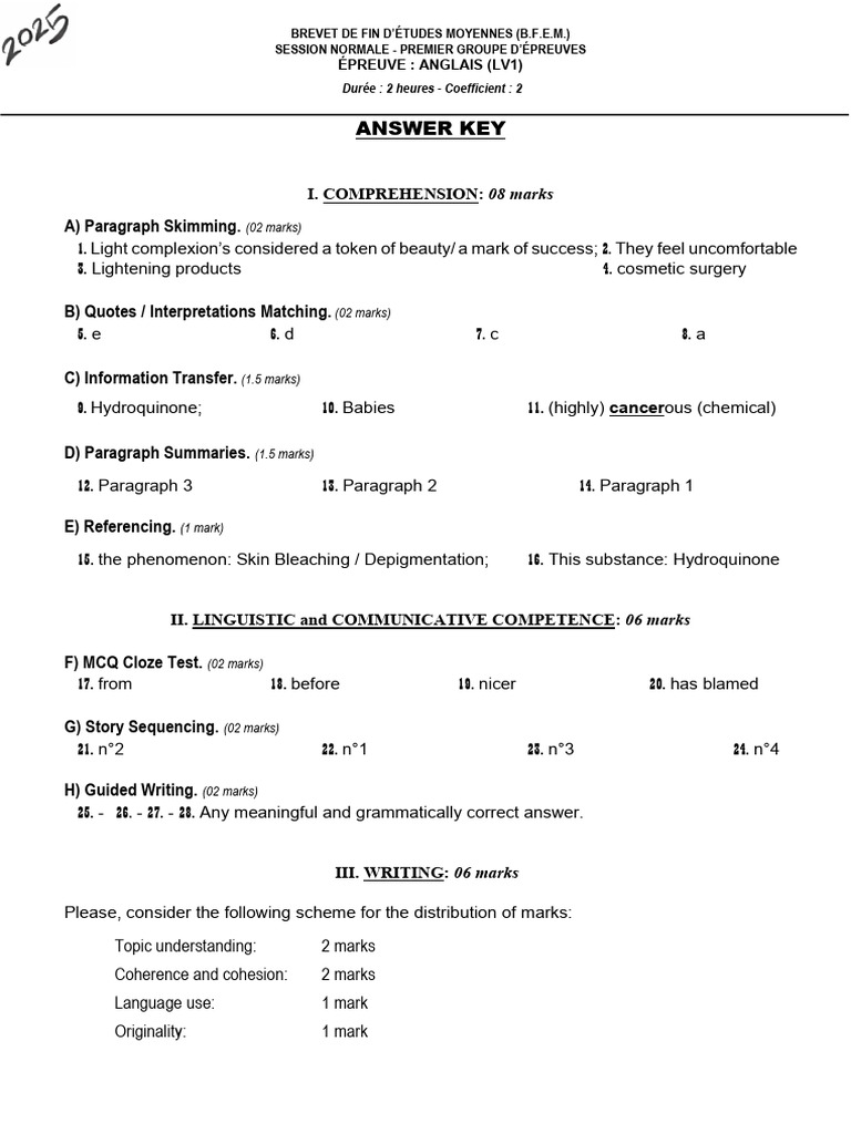 BFEM-2025 Session Normale2 Key | PDF
