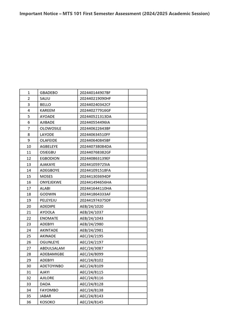 MTS 101 First Semester Assessment Notice | PDF