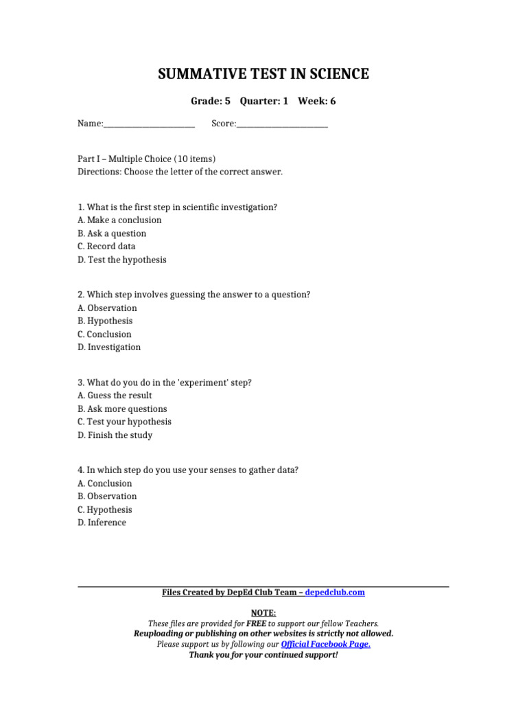 Grade 5 Science Summative Test Q1 | PDF | Scientific Method | Experiment