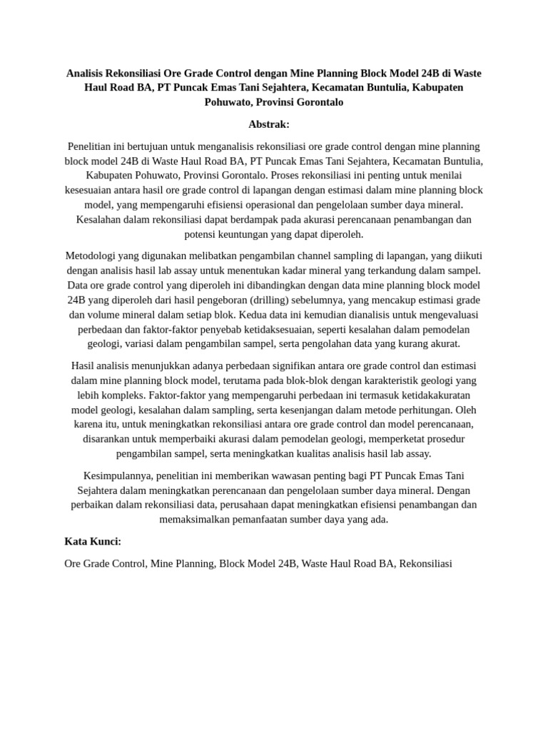 Analisis Rekonsiliasi Ore Grade Control Dengan Mine Planning Block ...
