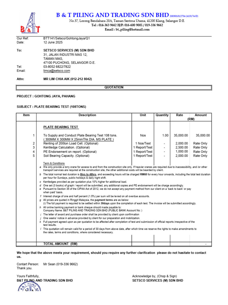 Plate Bearing Test Quotation - Gohtong Jaya | PDF | Payments