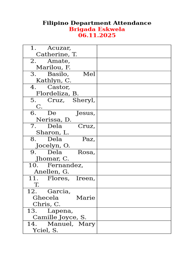 Filipino Attendance Sheet 2025 | PDF