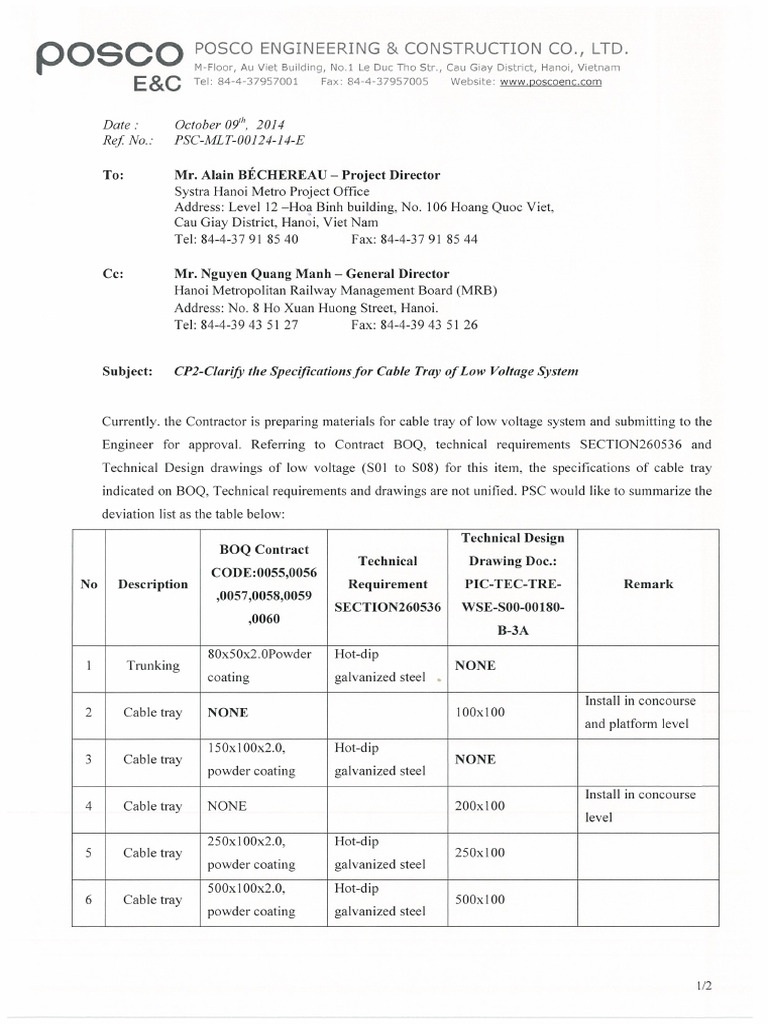 PSC-MLT-00124-14-E-V Clarifying The Specifications of Cable Tray of Low Voltage System | PDF