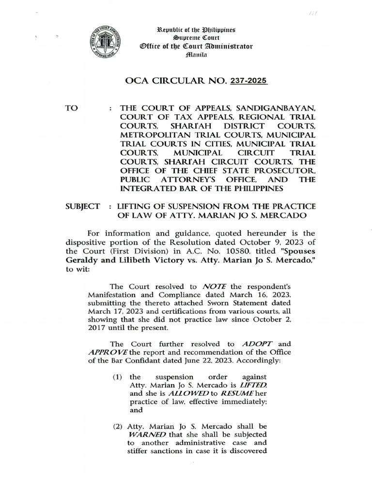 OCA Circular No. 237-2025 | PDF | Legal Procedure | Government