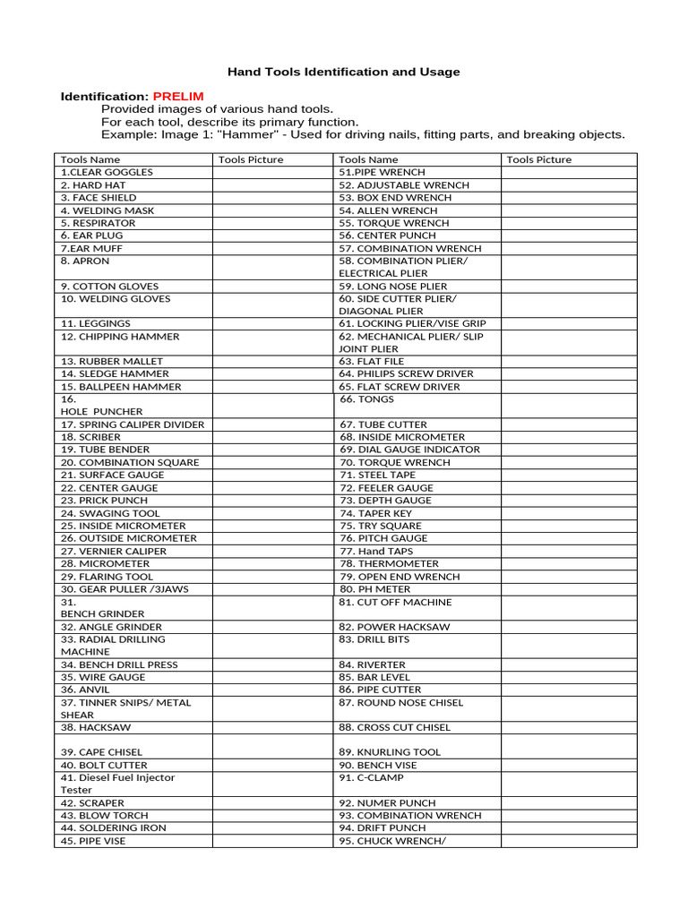 Assignment Tools Hand Outs | PDF | Drill | Tools