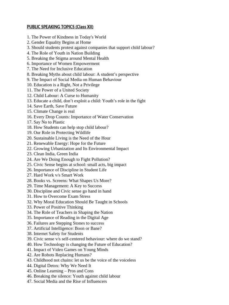 Engaging Public Speaking Topics for Class XII | PDF