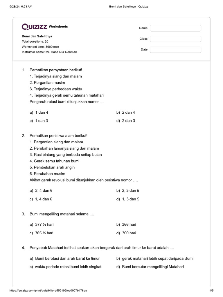 Worksheet Bumi dan Satelit: 20 Soal | PDF