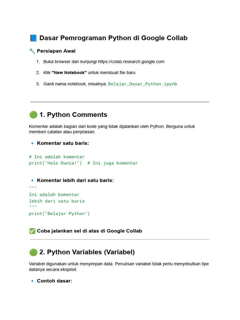 01 ?XI - InFOR - Dasar Pemrograman Python Di Google Colab | PDF