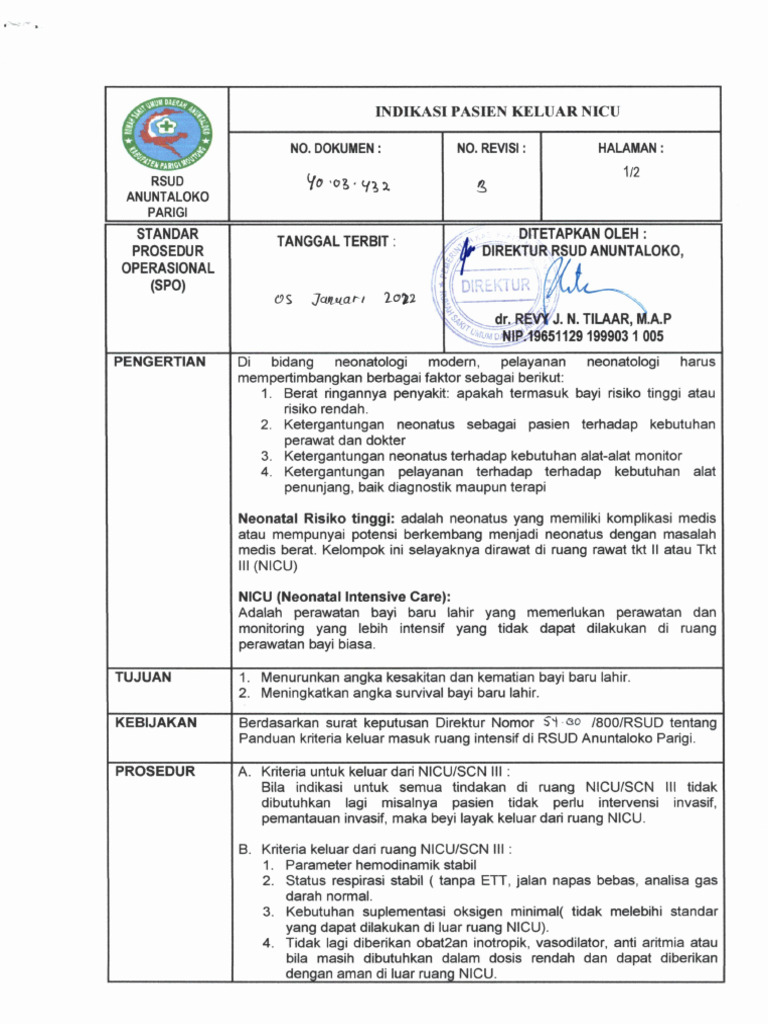 Spo Indikasi Pasien Keluar Nicu | PDF