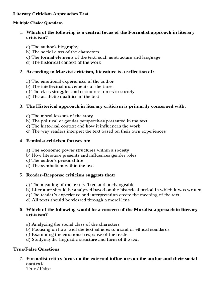 Literary Criticism Approaches Quiz | PDF | Feminism | Gender Studies