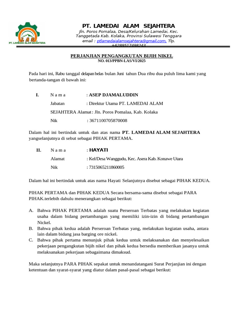 Draf Kontrak PT Las & PT Wisnu | PDF