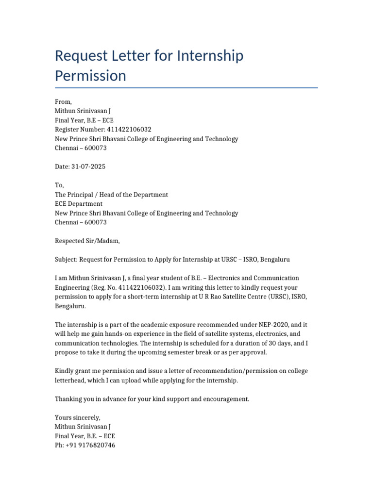 Internship Permission Request Letter | PDF