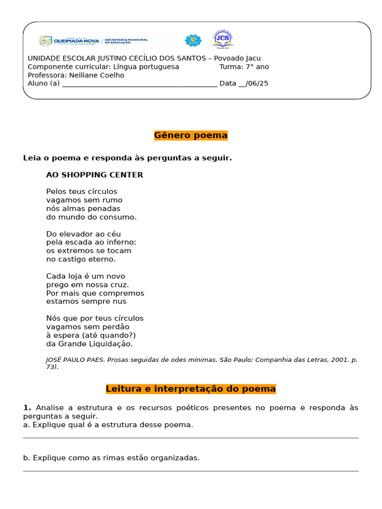 Análise do Poema "Ao Shopping Center" | PDF