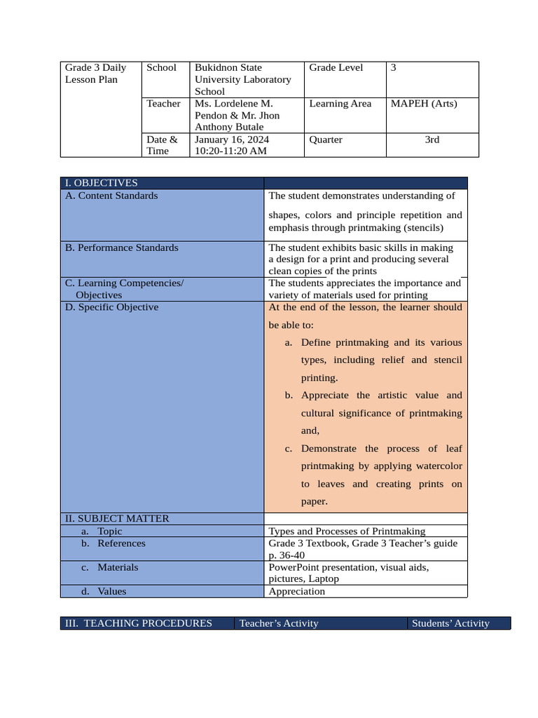 Grade 3 Print Making Lesson Plan | PDF | Printmaking