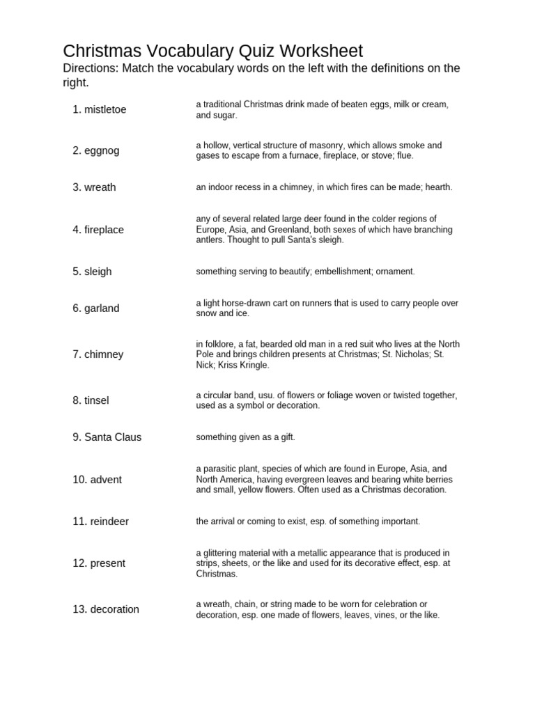 Christmas Vocabulary Quiz Worksheet | PDF | Christmas | Santa Claus