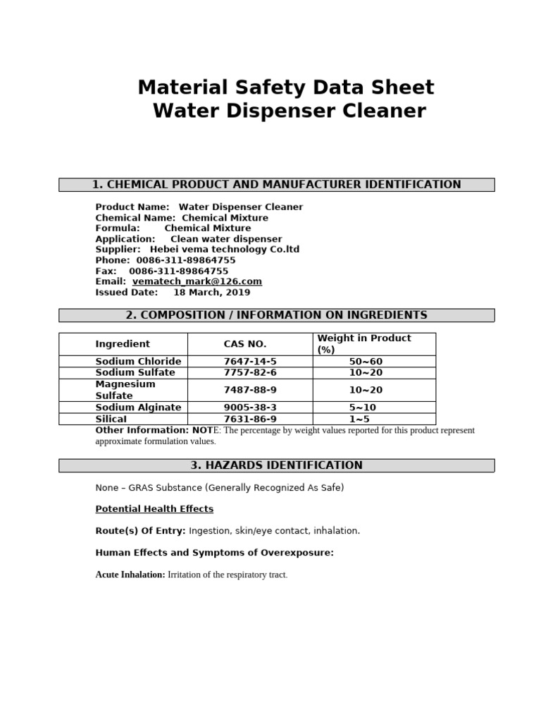 Water Dispenser Cleaner MSDS Guide | PDF | Water | Vomiting