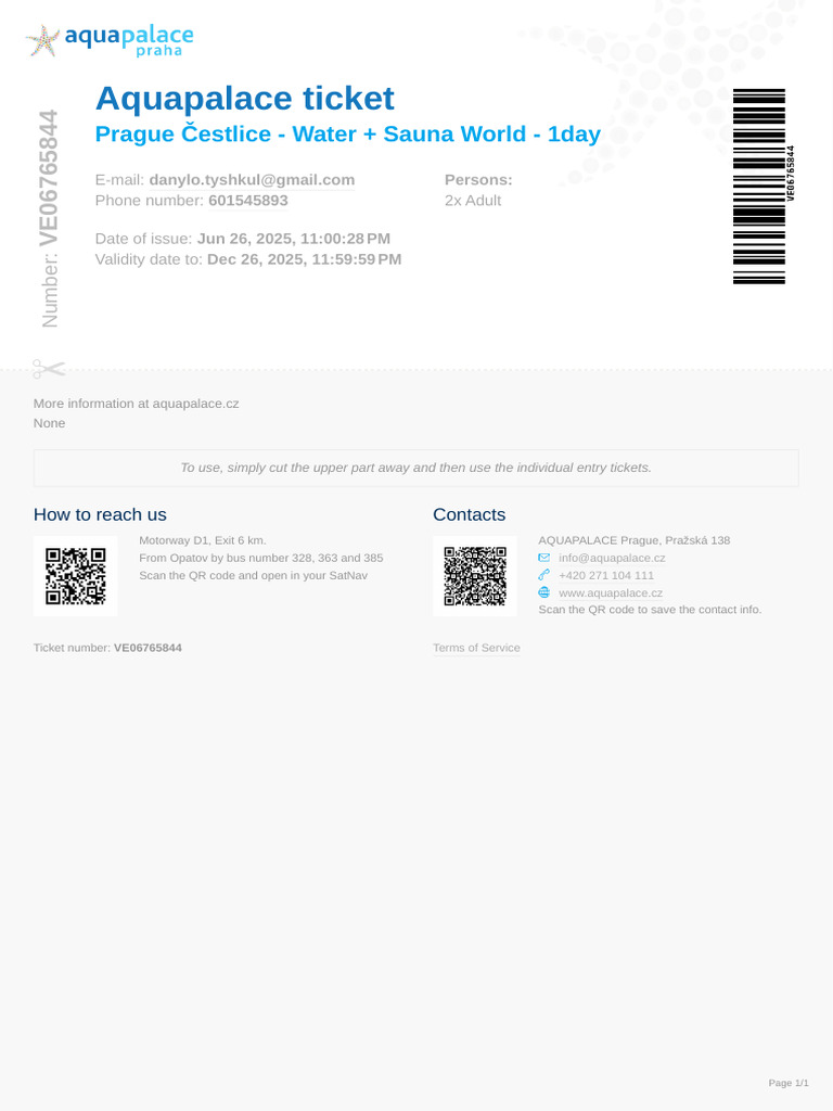 Aquapalace Prague Ticket Details | PDF