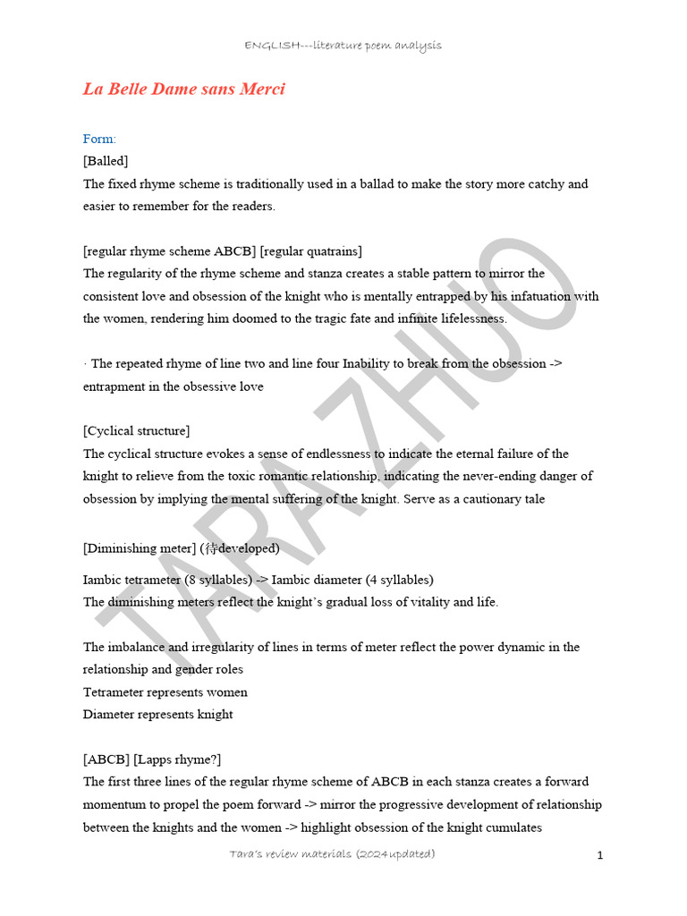 Analysis of "La Belle Dame sans Merci" | PDF | Metre (Poetry) | Poetry