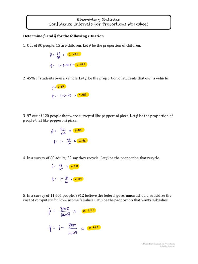 Confidence Intervals for Proportions Worksheet | PDF