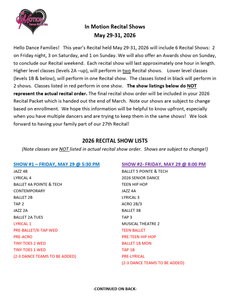 In Motion Dance Recital 2026 Schedule | PDF | Dances | Entertainment