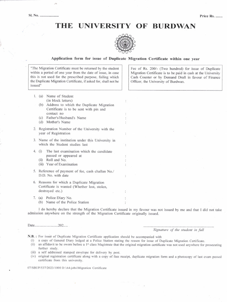 Burdwan University Duplicate Migration Form | PDF