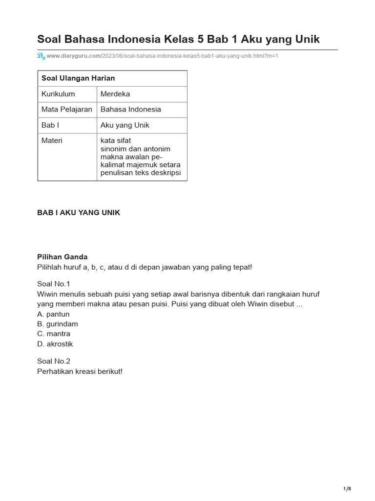 Soal Bahasa Indonesia Kelas 5 Bab 1 Aku Yang Unik | PDF