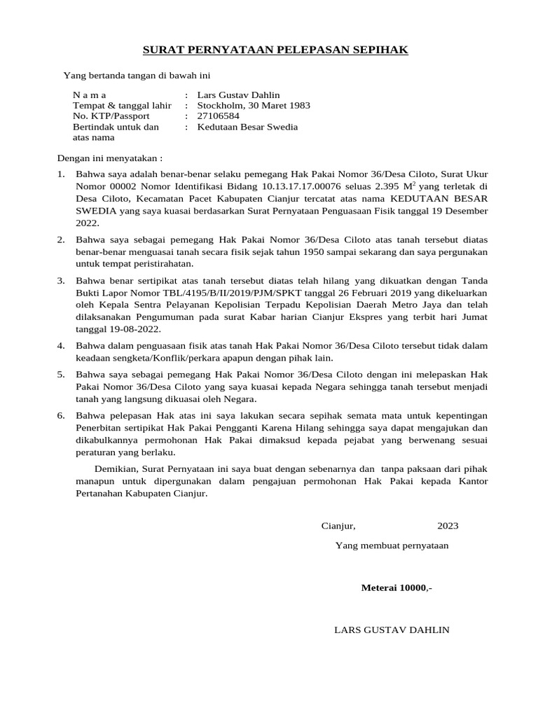 Form Surat Pernyataan Pelepasan Hak Atas Tanah Sepihak (Hilang) | PDF