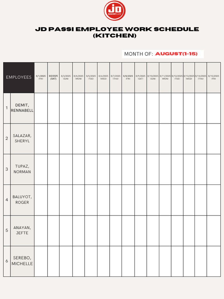 JD Passi Schedule (Kitchen) | PDF