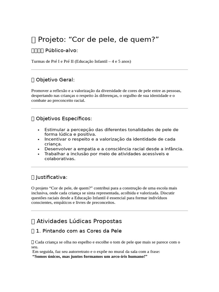 Projeto Cor de Pele na Educação Infantil | PDF | Raça (categorização ...