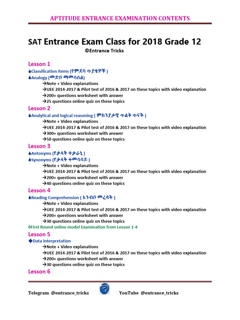 APTITUDE SAT Entrance Exam Class For 2018 Grade 12 Students1 | PDF ...