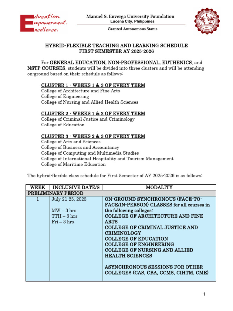 Hybrid Flexible Schedule 1st Sem 2025 2026 | PDF