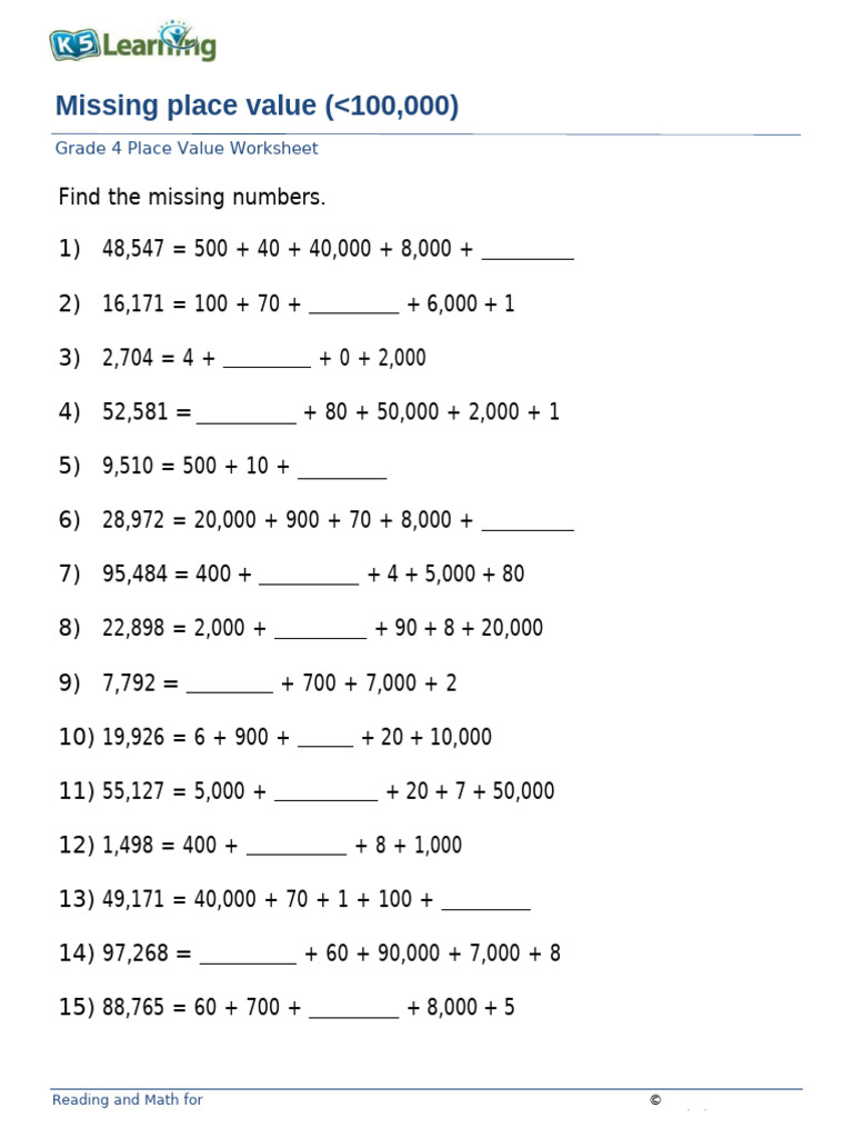 Grade 4 Missing Place Value Worksheet | PDF
