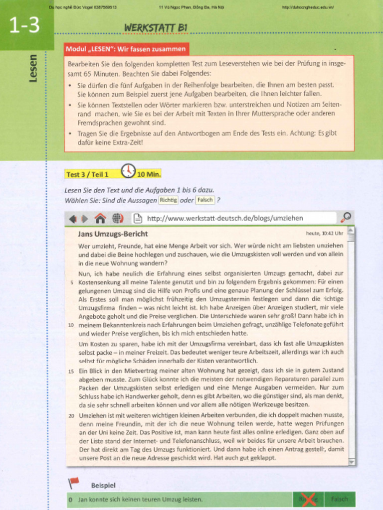 Lesen Test 3 - Werkstatt | PDF