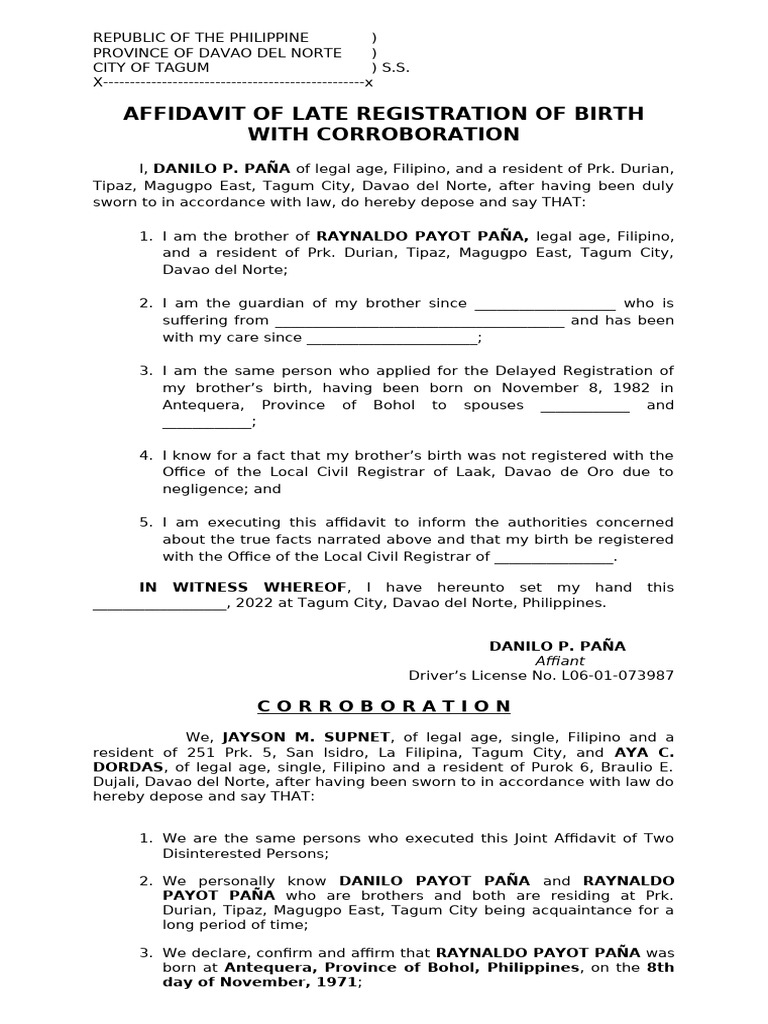 Affidavit of Late Registration (Paña) | PDF | Affidavit | Legal Procedure
