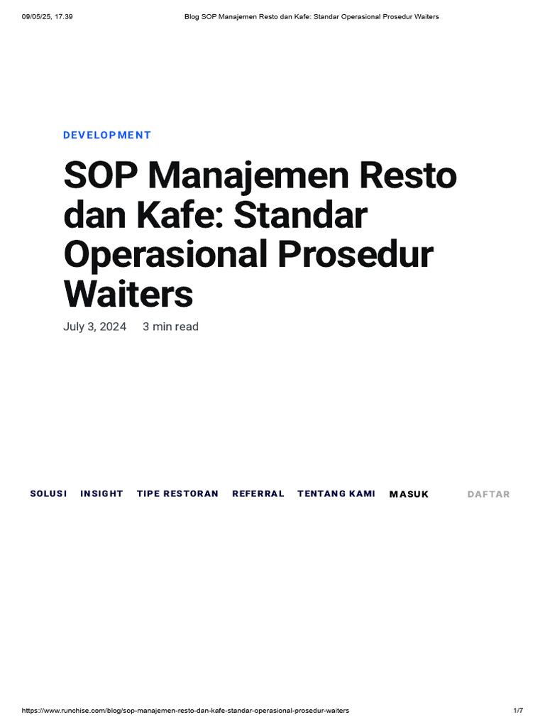 SOP Pelayanan Waiters Restoran | PDF