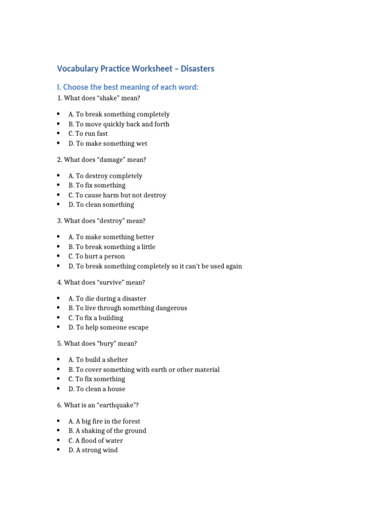 Natural Disasters Vocabulary Worksheet | PDF