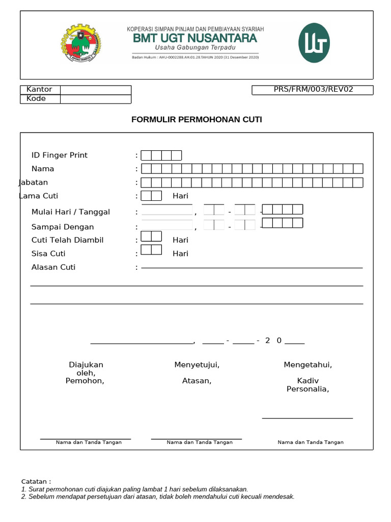PRS FRM 003 REV02 Form Permohonan Cuti | PDF