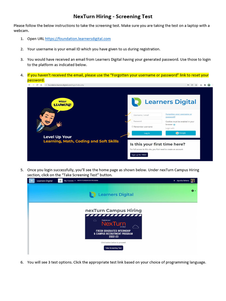 NexTurn Instructions For Attempting Screening Test | PDF