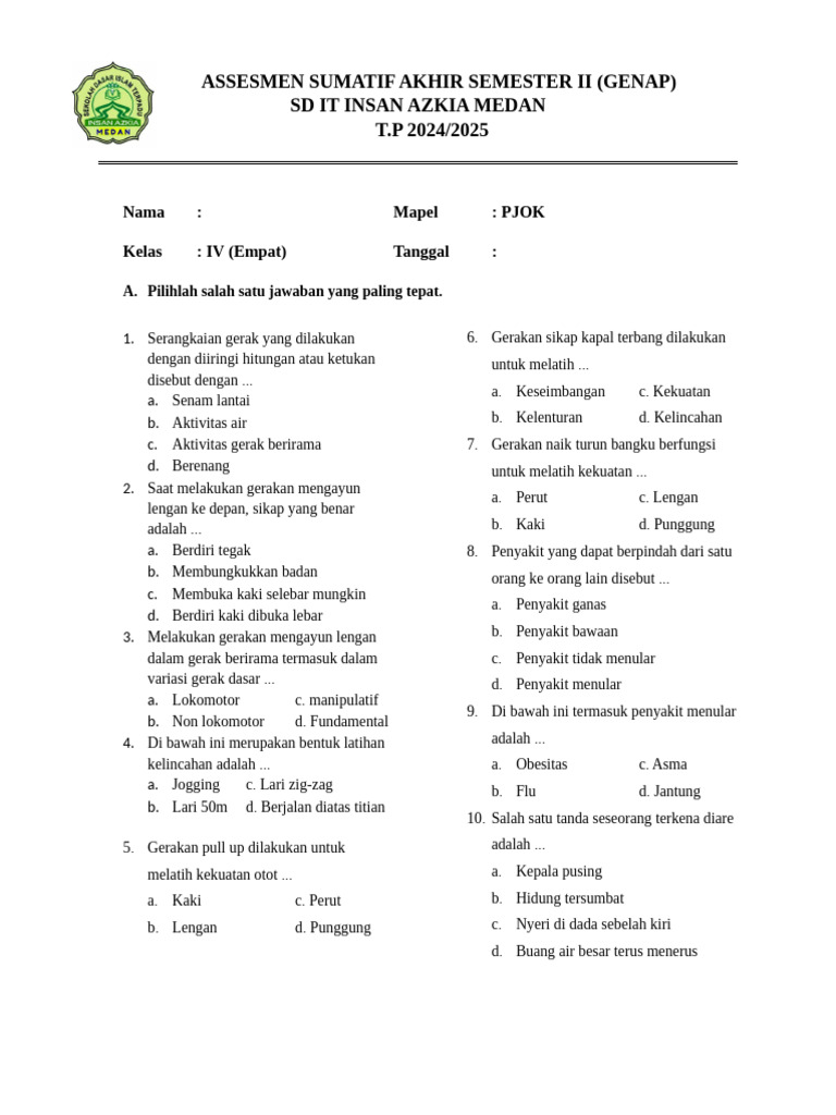 Soal PJOK Kelas IV SD IT Insan Azkia | PDF
