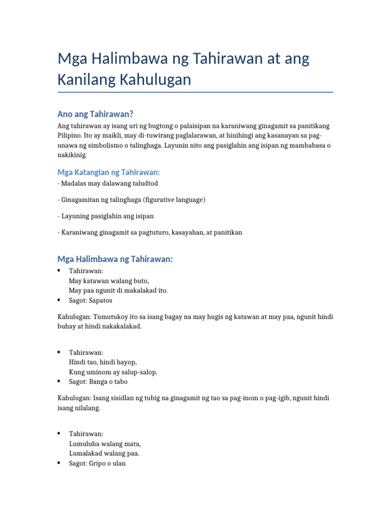 Tahirawan Halimbawa at Kahulugan With Criteria | PDF