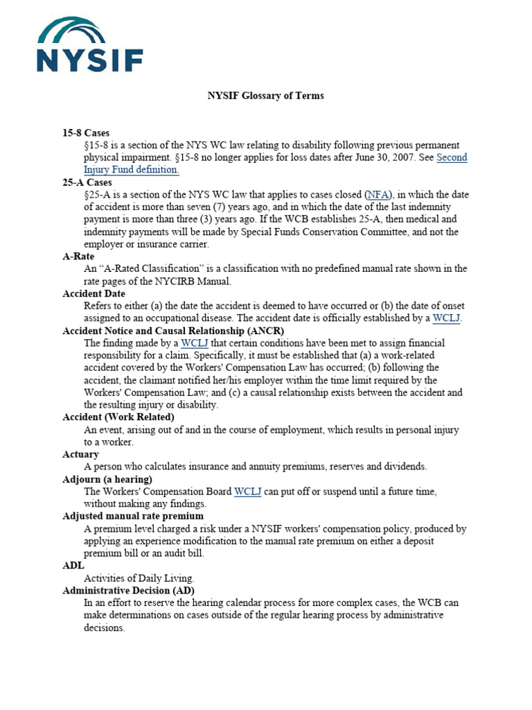 NYSIF Workers' Compensation Glossary | PDF | Insurance | Employment