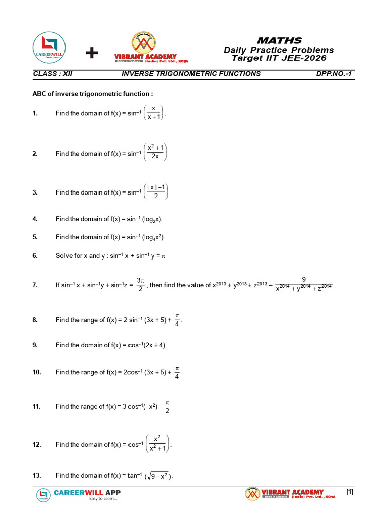 DPP - 01 - Inverse Trigonometric Function | PDF | Function (Mathematics) | Trigonometric Functions