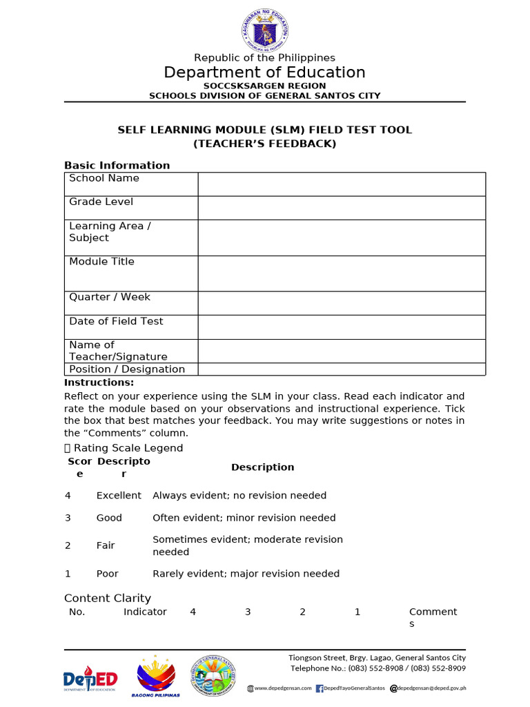 SLM Field Test Feedback Form | PDF | Educational Assessment | Cognition
