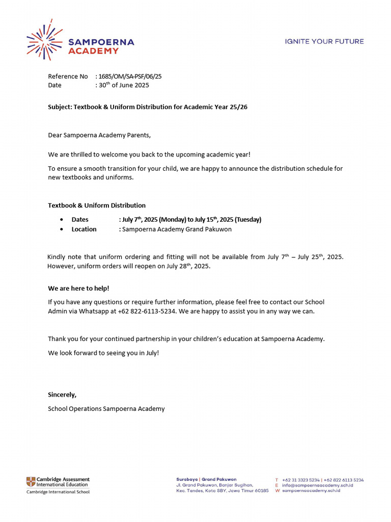 SBY GP - Letter To Parents - LRF AY 25 26 Distribution Schedule ...