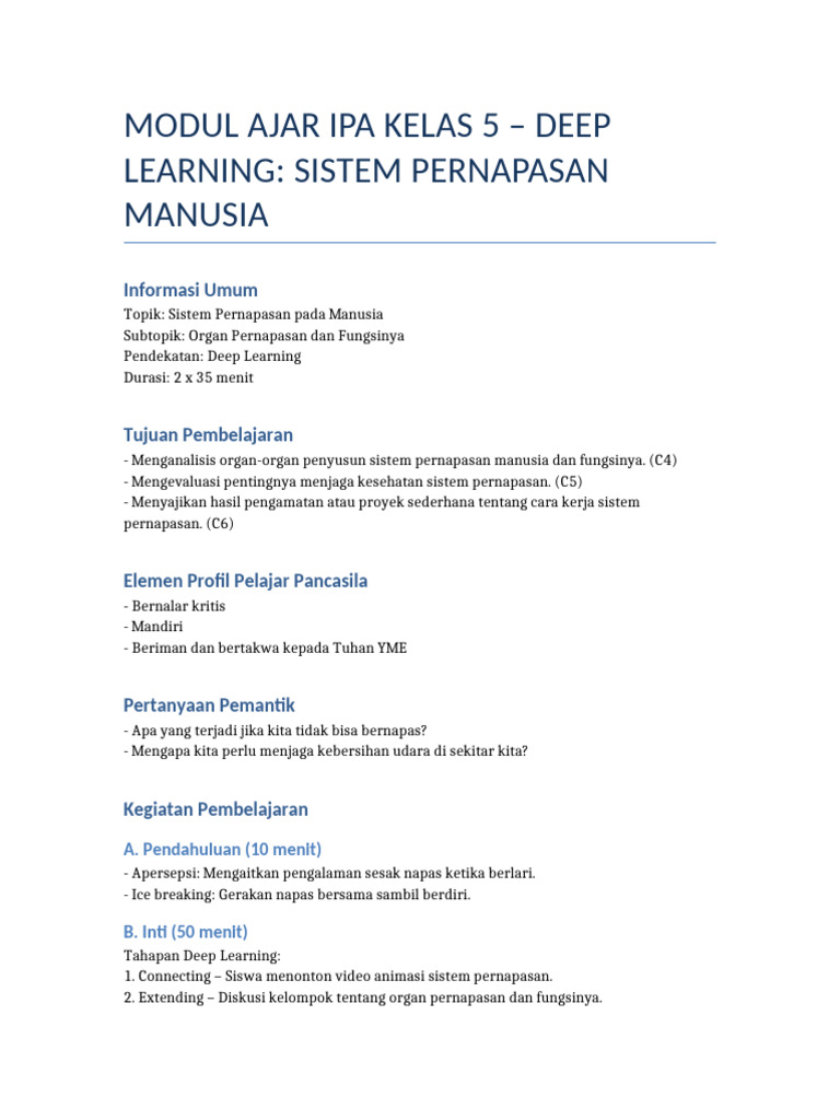 Modul Ajar Sistem Pernapasan Kelas 5 | PDF